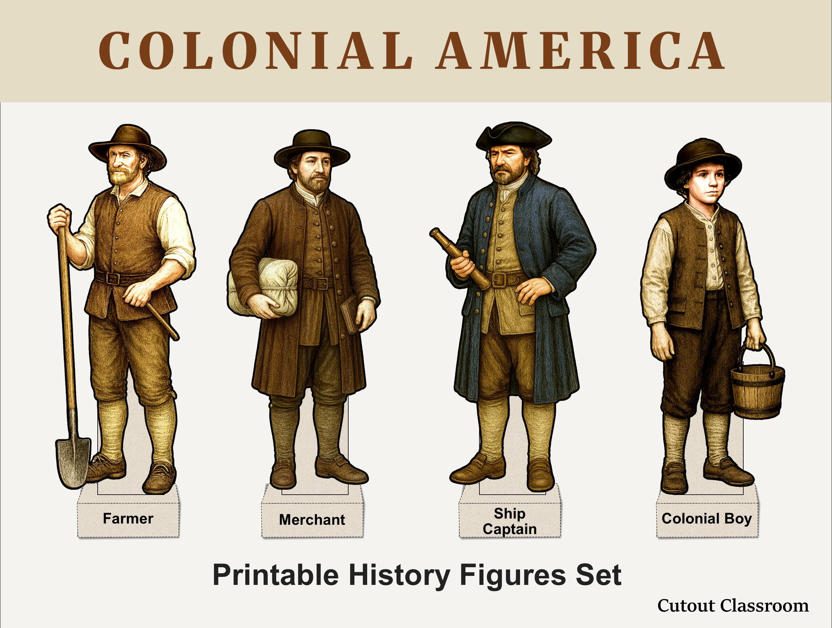 Colonial America Paper Model Set: Historical Figures & Diorama Scenes ...