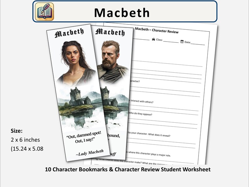 Macbeth Bookmarks and Character Analysis Worksheet | Shakespeare ...
