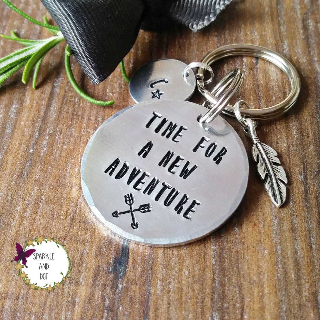 New Adventure Hand Stamped Keyring, Emigration Hand Stamped Gift, - Etsy UK
