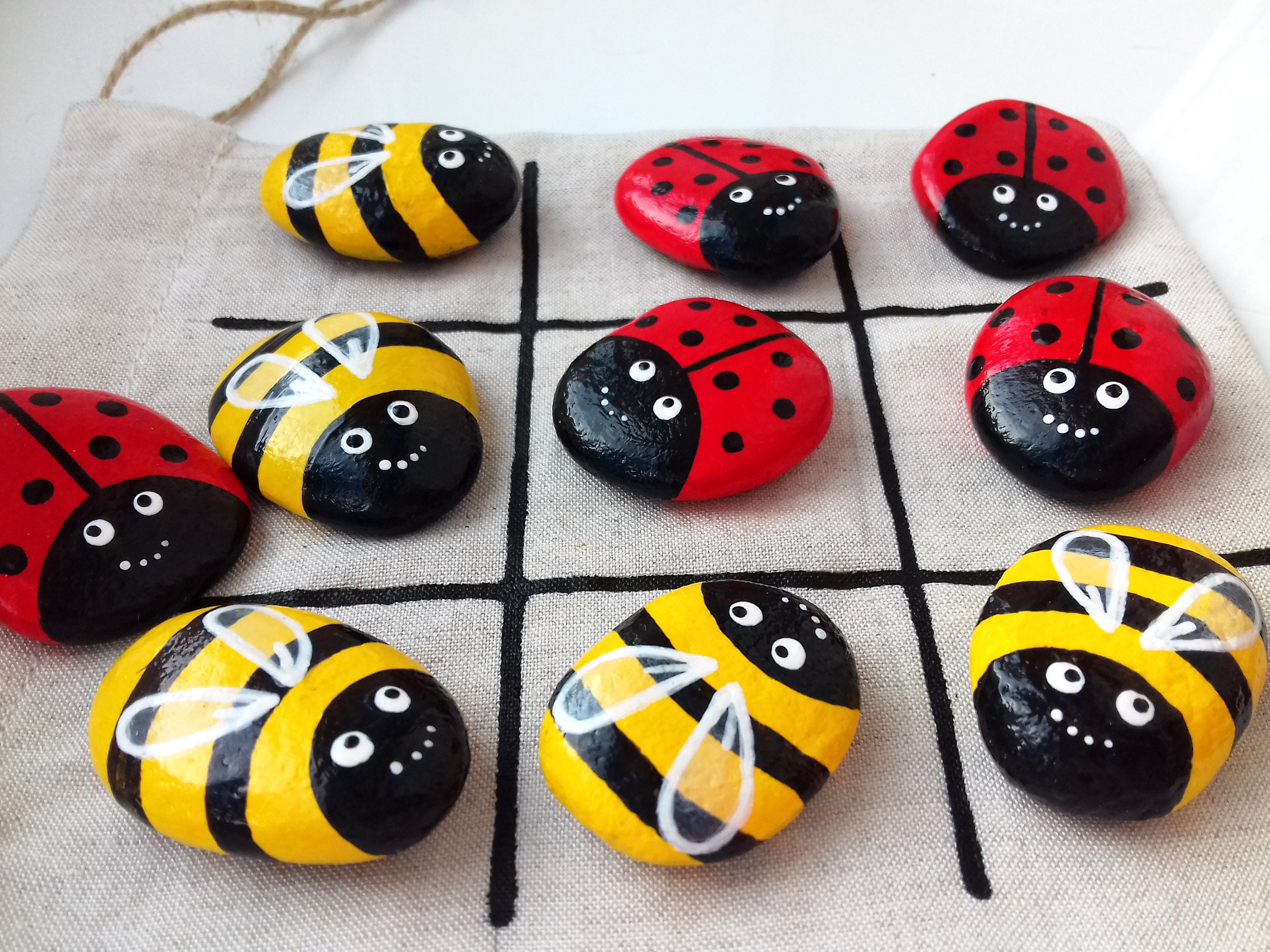 Ladybugs and Bees Tic Tac Toe Game Painted Rocks Kids Travel | Etsy