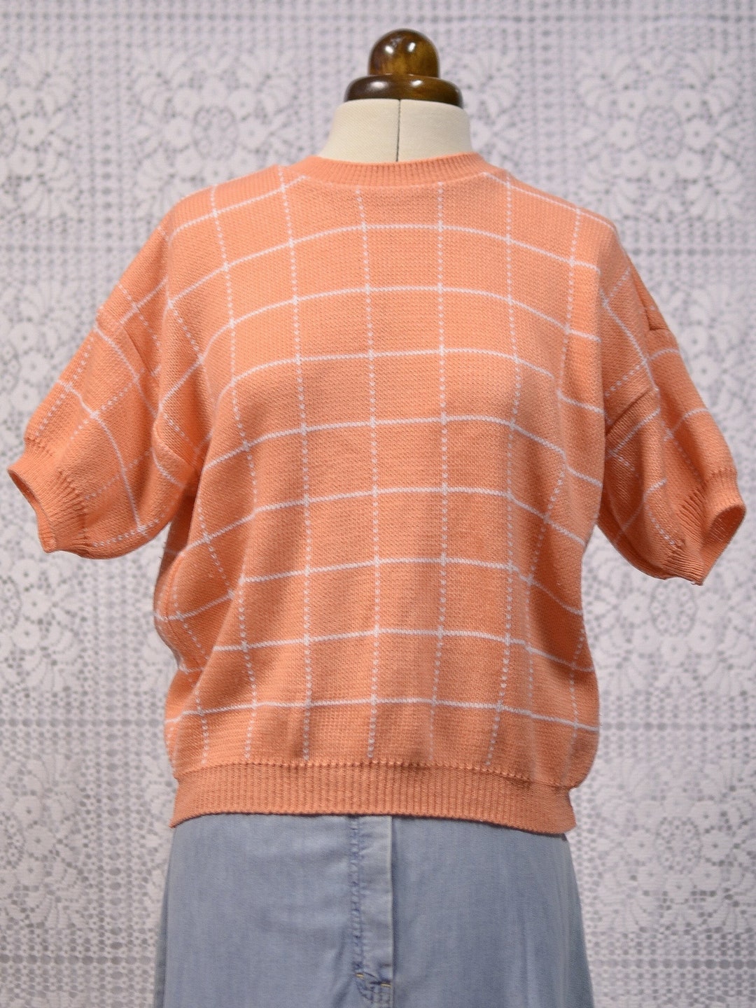1980s Littlewoods Peach and White Square Pattern Short Sleeve Jumper - Etsy