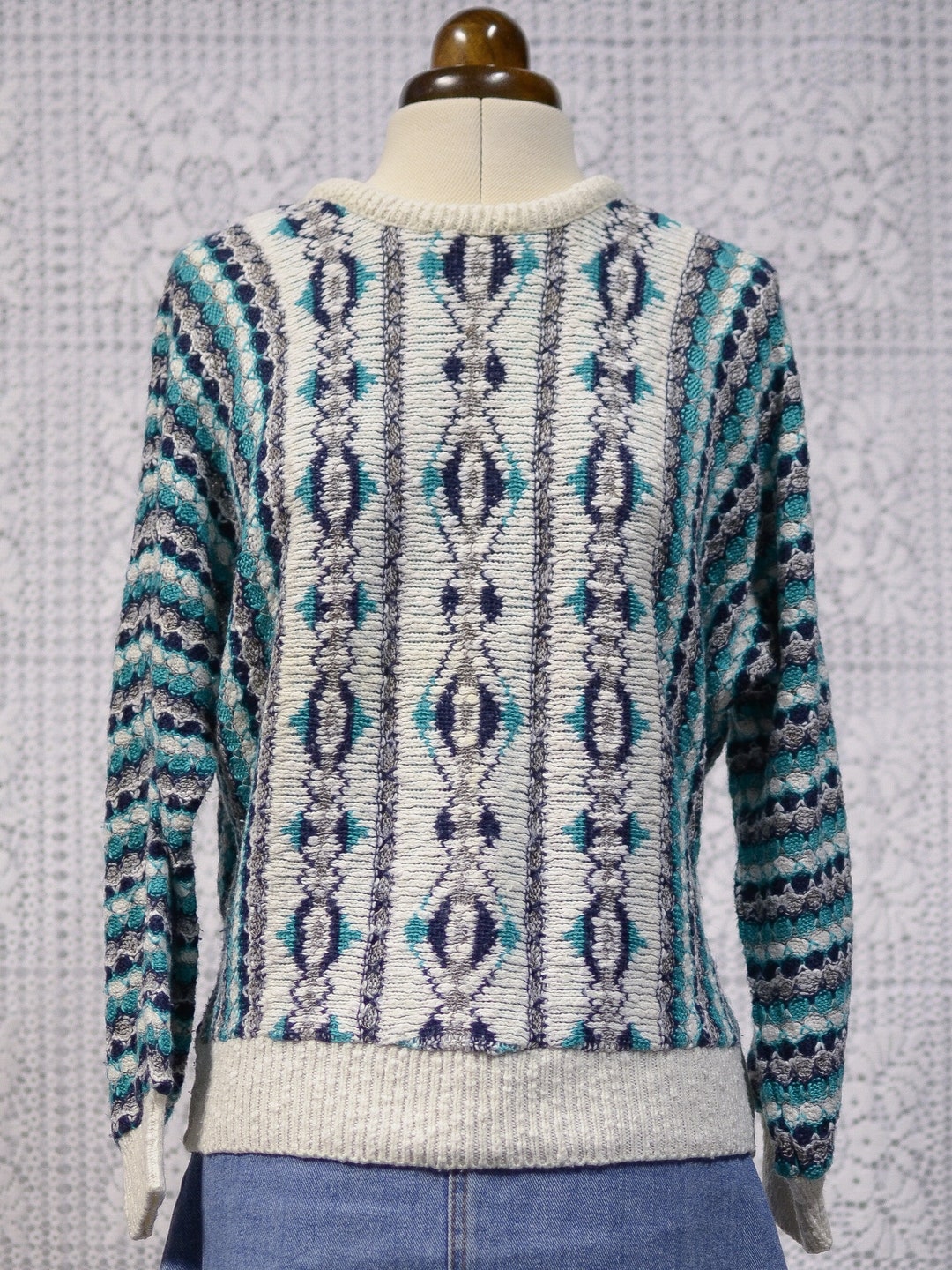 1980s White, Green and Blue C&A Diamond Pattern Jumper - Etsy