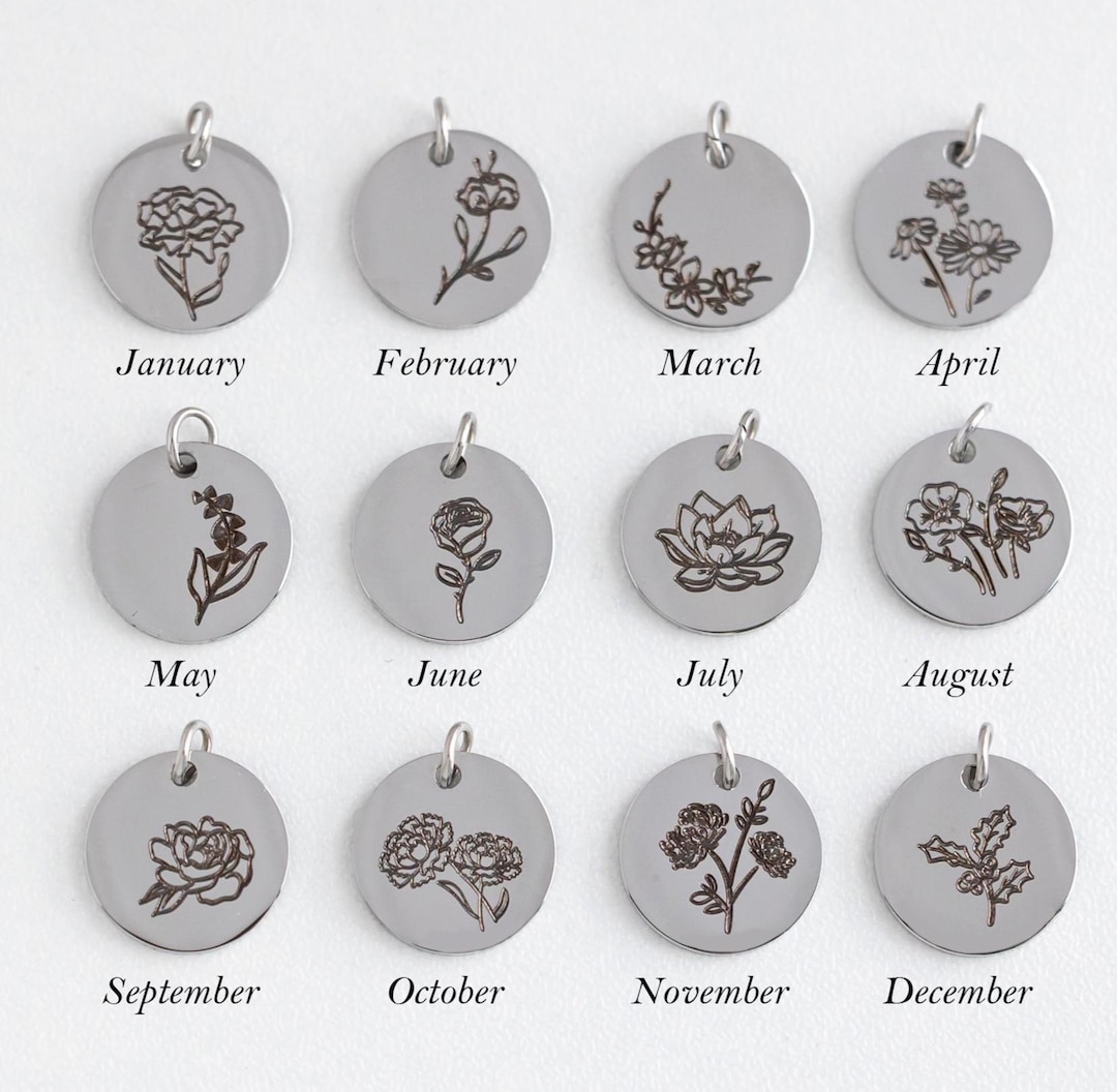 13mm Birth Flower Pendant, Stainless Steel Round Charm, Personalized ...