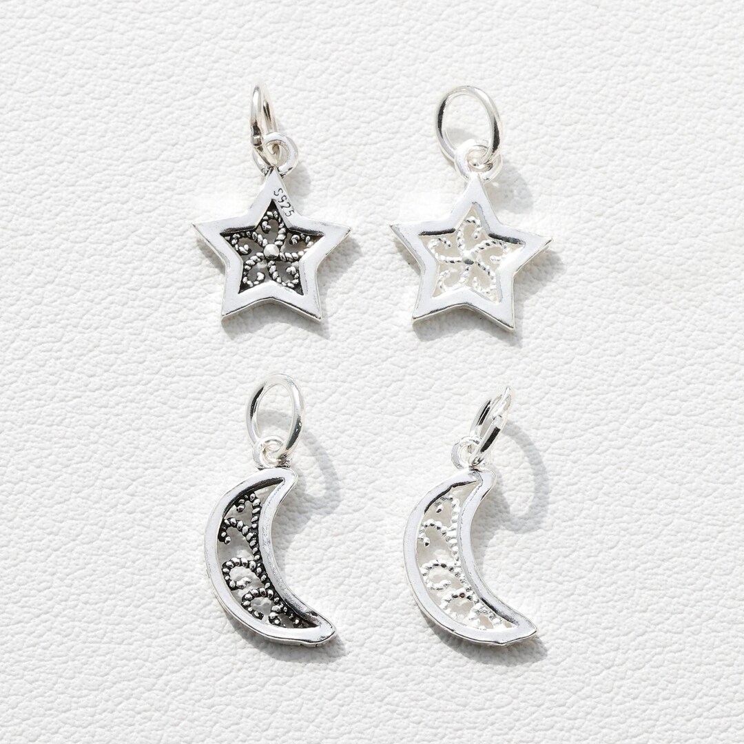 S925 Hollow Star Moon Charm, Antique Silver Star Moon Charm, Star Charm ...