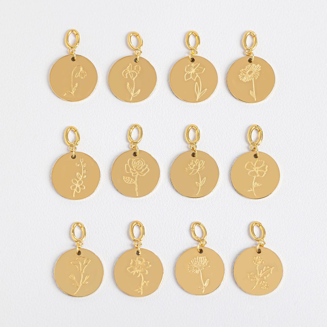 Gold Plated Birth Flower Charm, Birth Flower Round Charm, Engrave Birth ...