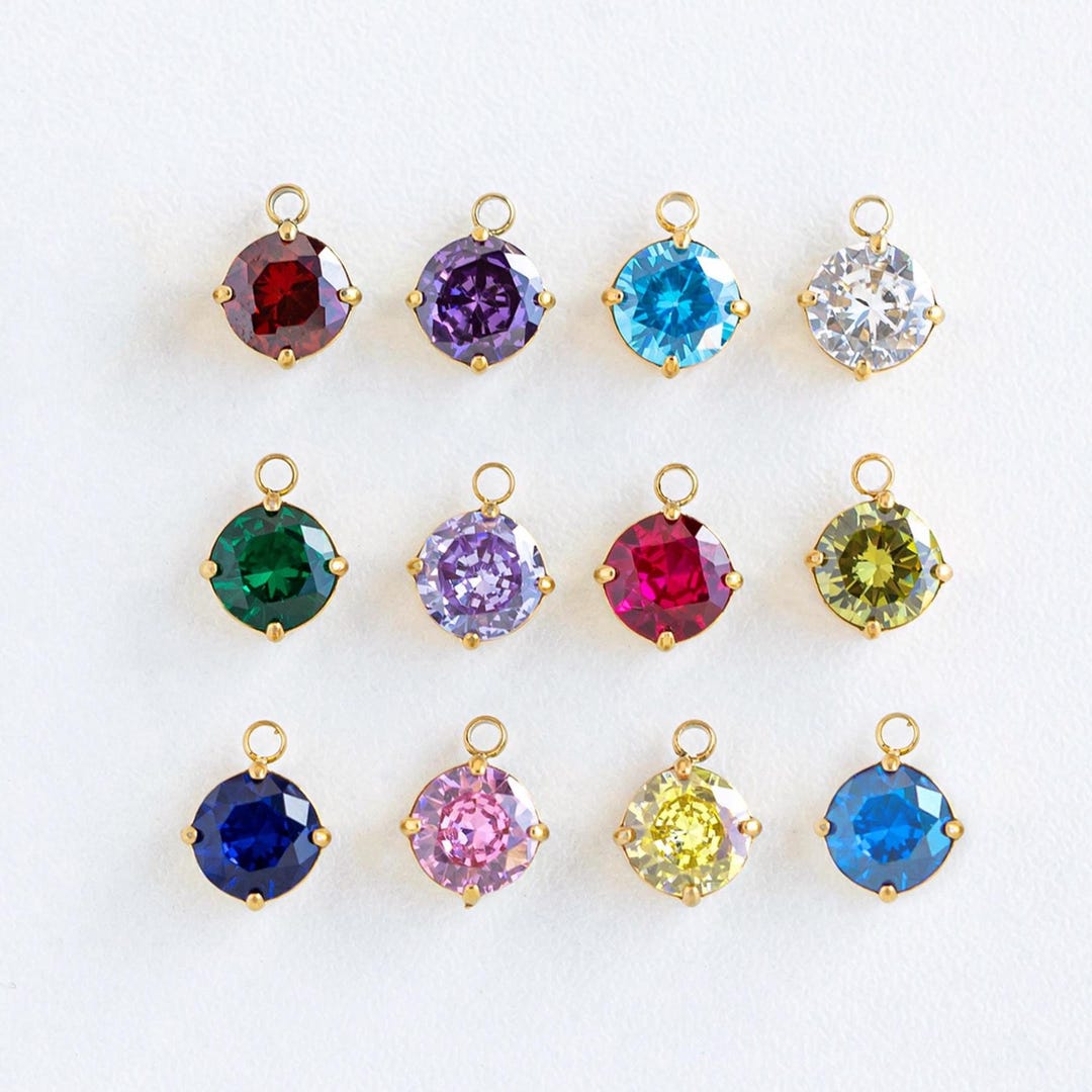 12mm Gold Plated Round Birthstone Charm, CZ Birthstone Charm, Round ...