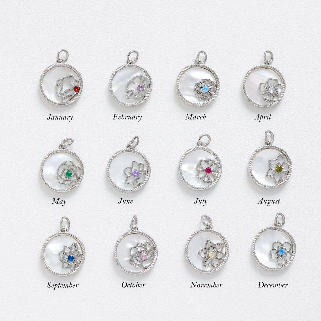 Birth Flower With Birthstone Charm, Round White Shellfish Charm, Flower ...