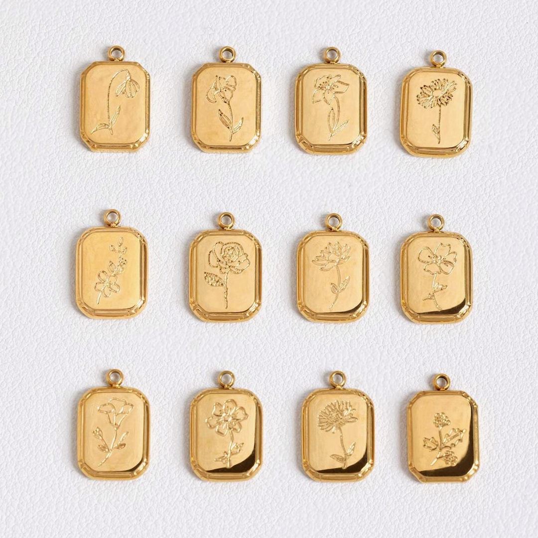 Gold Plated Birth Month Flower Charm, Birth Flower Charm, Square Birth ...