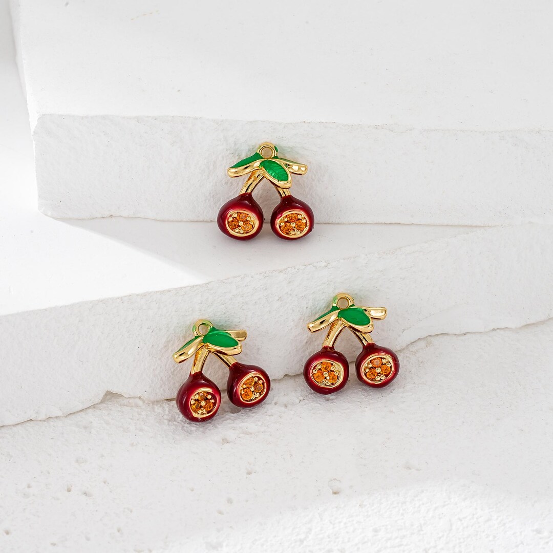 Red Cherry Charm, Enamel Cherry Charm, Fruit Shaped Charms, Cherry Leaf ...