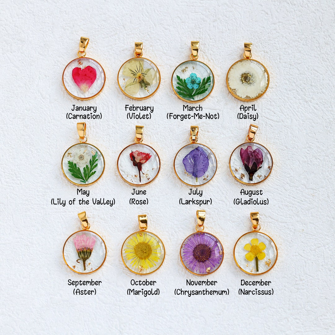 Real Pressed Birth Flower Charm, 18k Gold Plated Flower Pendant ...