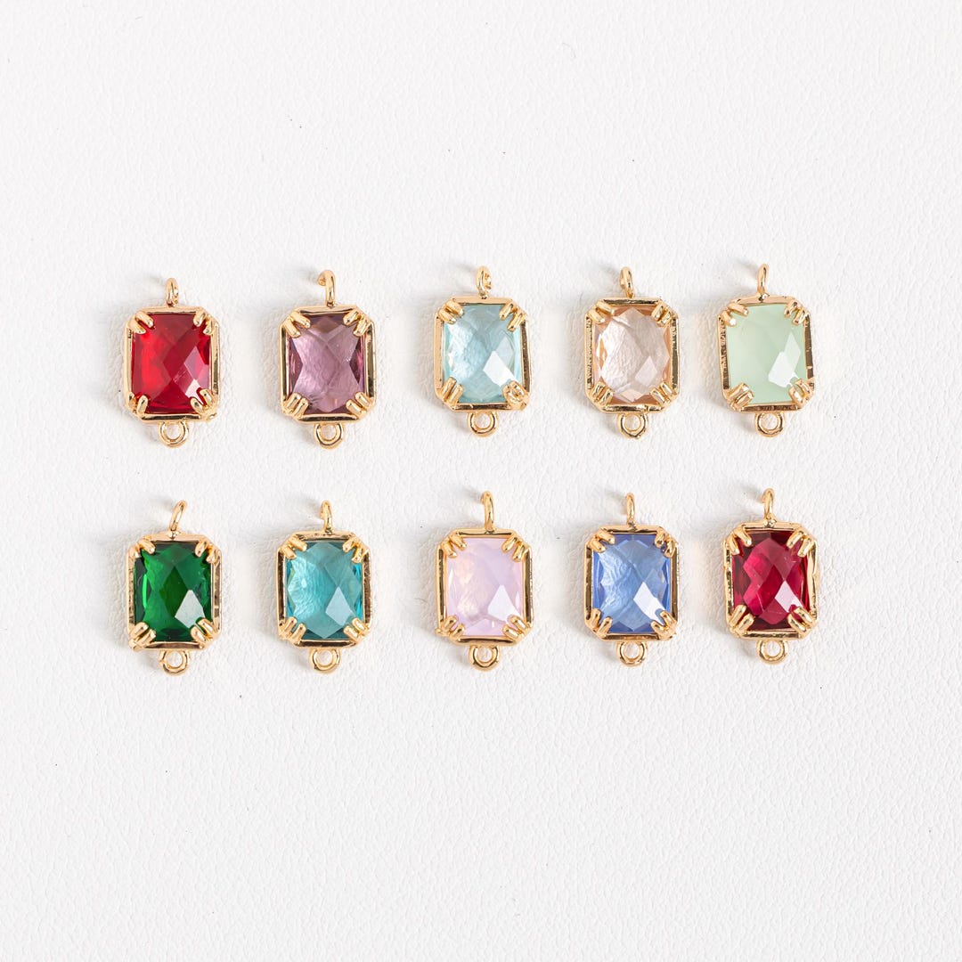 Gold Plated Glass Connector Charm, Sqare CZ Clear Stone Pendant, Gold ...