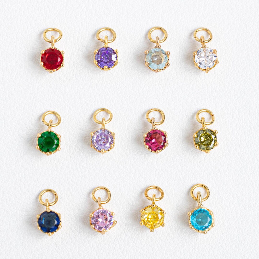 Gold Plated Round Birthstone Charm, Zircon Birthstone Charm, Round ...