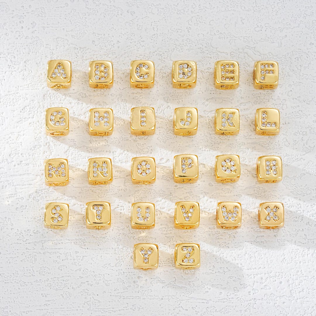 Gold Plated Square Letter Beads, CZ Pave Letter Beads, Initial Letter ...
