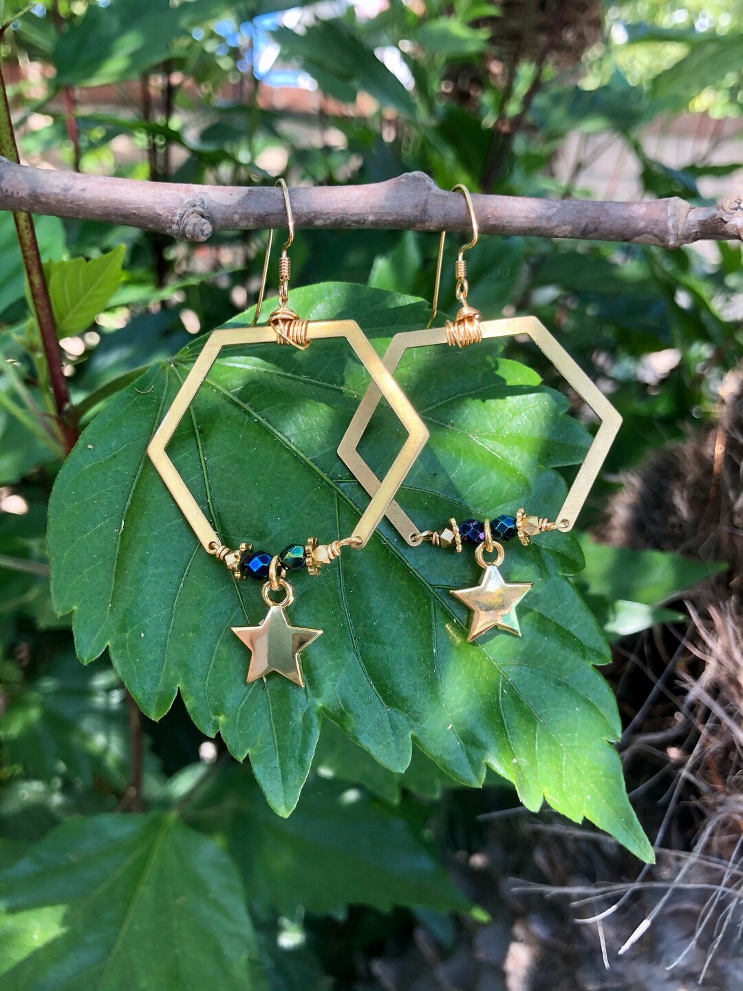 Gold Hexagon Star Firestone Blue Charm Dangle Drop Unique - Etsy
