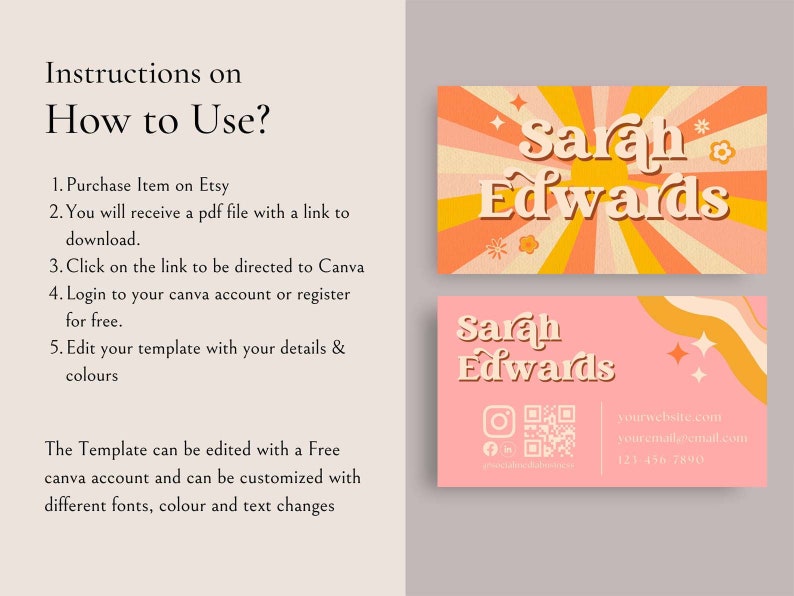 Editable Retro Business Card With QR Code 70's Groovy - Etsy