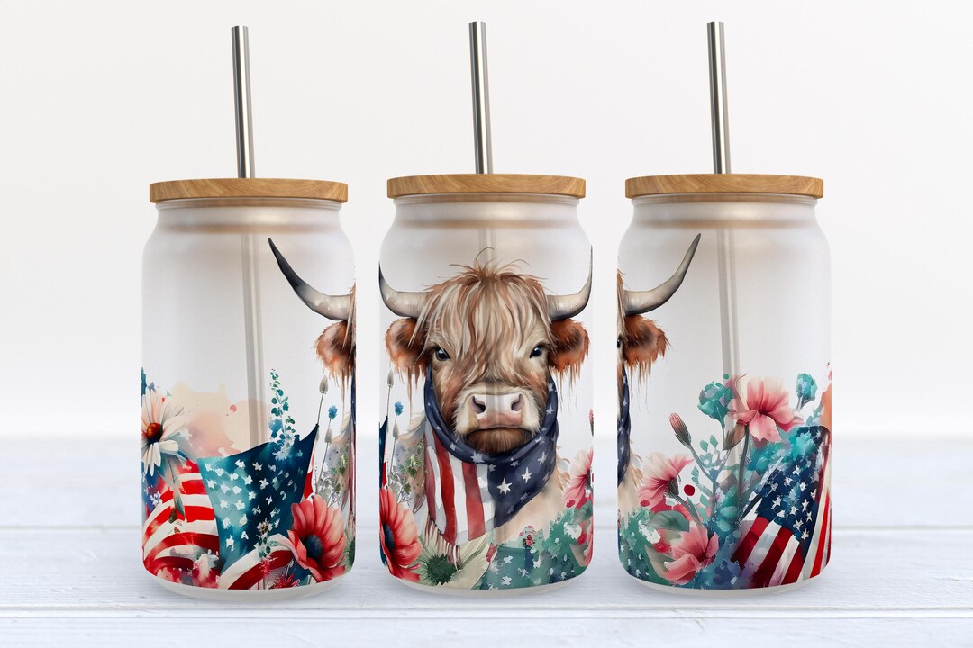 16 Oz Libbey Glass Can, 4th July Tumbler Highland Cow Seamless Glass ...