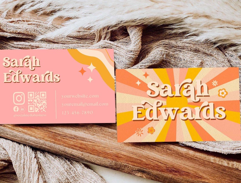 Editable Retro Business Card With QR Code 70's Groovy - Etsy