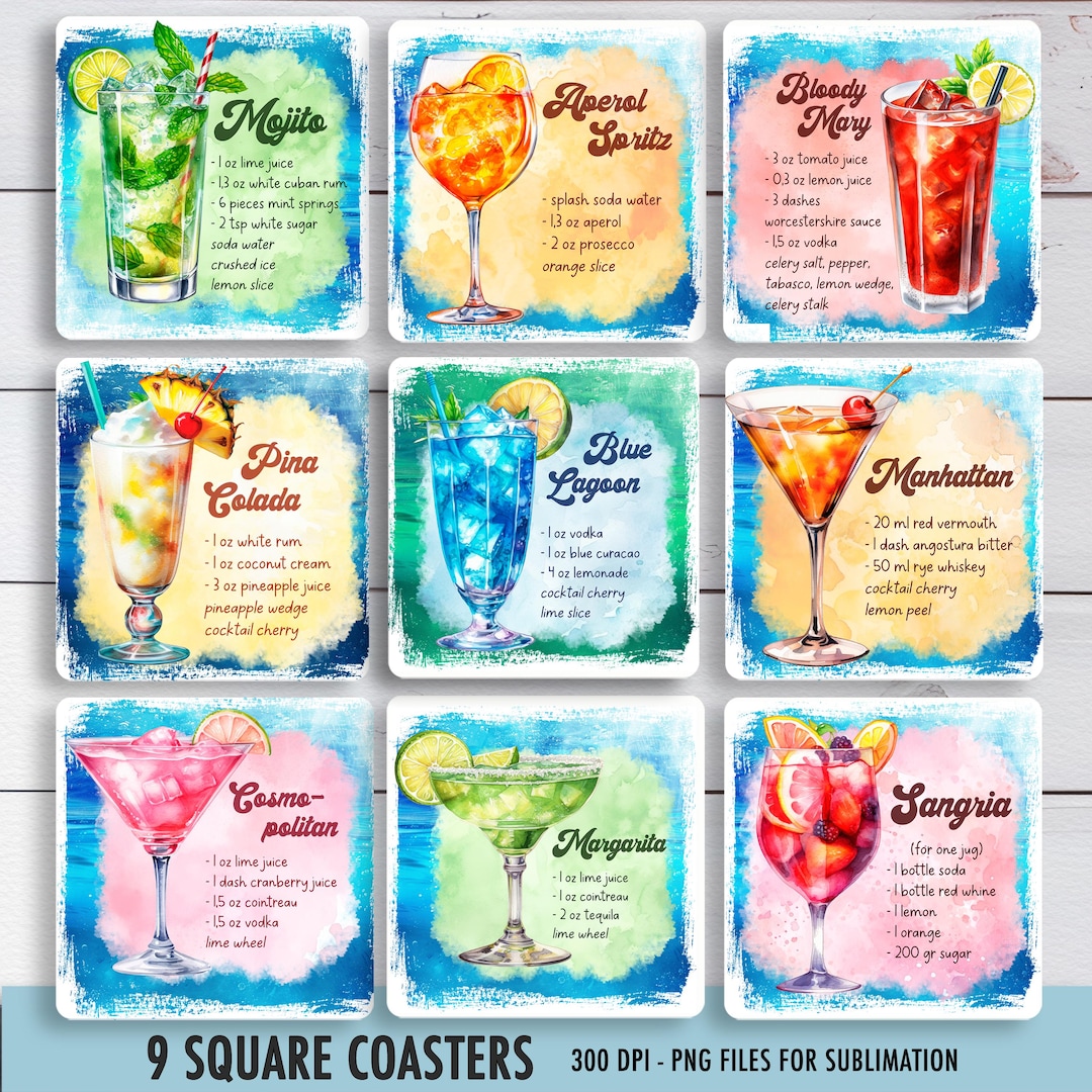 Summer Cocktails Square Coaster Design Beach Cocktail Recipe Bundle Png ...
