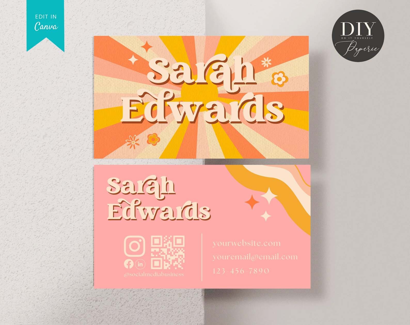Retro 70s Business Card Template With QR Code (canva Editable) - Etsy