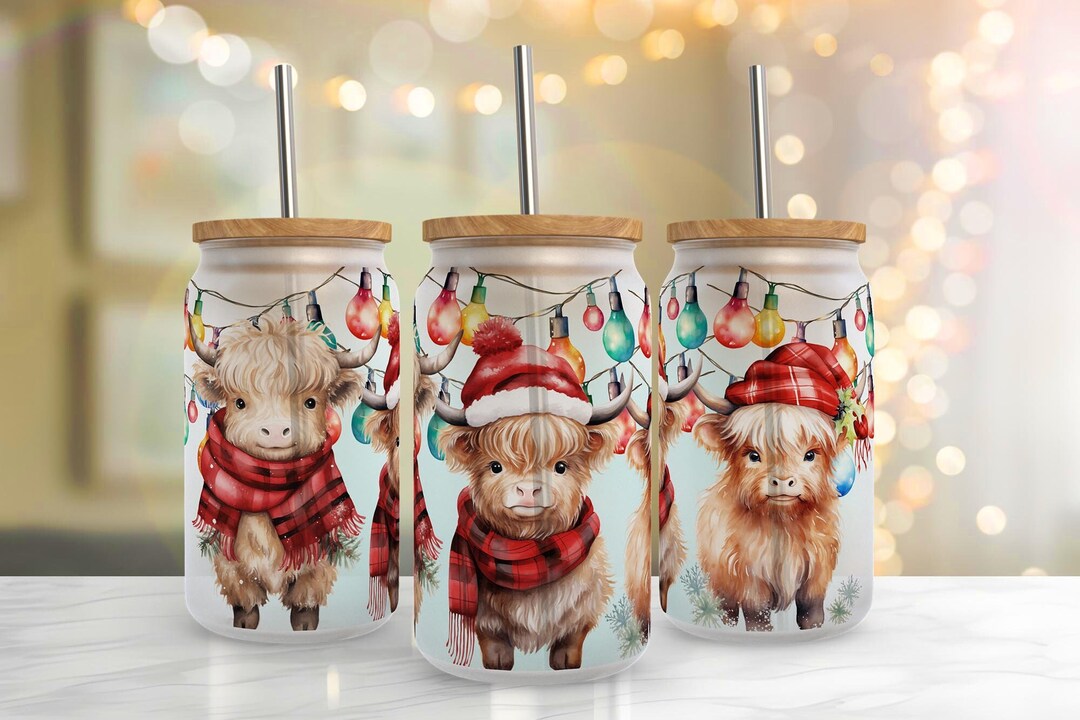 Christmas Highland Cow 16oz Glass Can Sublimation Design, Cute Baby ...