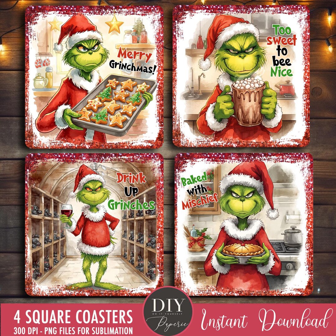 Grinch Christmas Coaster Bundle, Funny Holiday Drink Coasters ...
