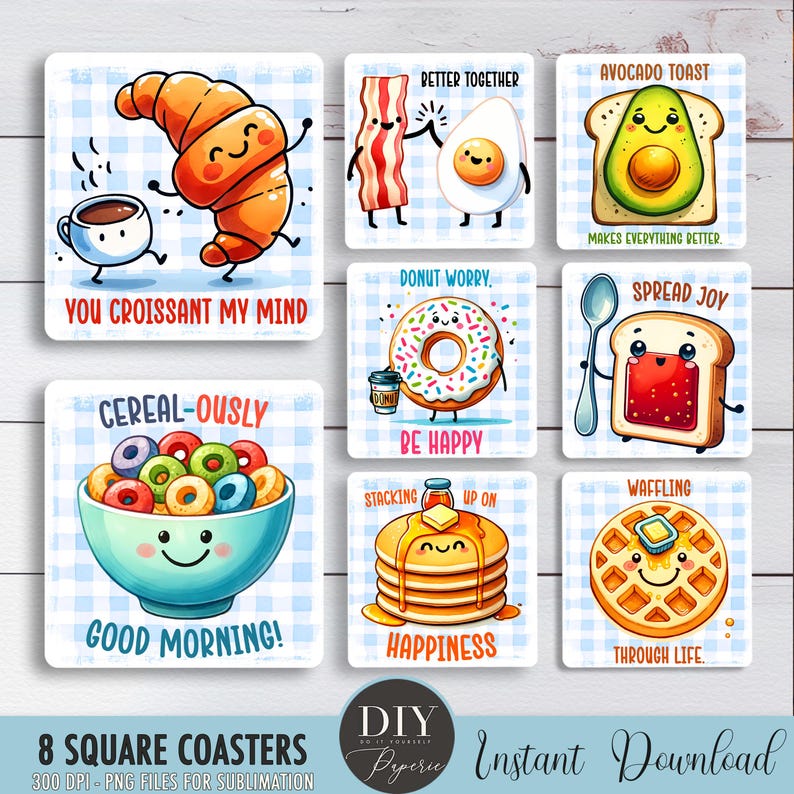 Funny Food Coaster Designs: Breakfast Sublimation PNG Bundle (digital ...