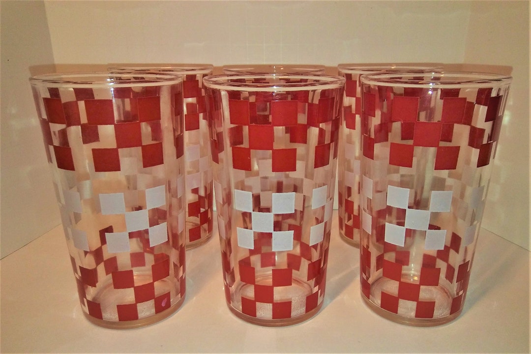 Vintage Red & White Checkered Glasses Set of Six, Check, Anchor Hocking ...