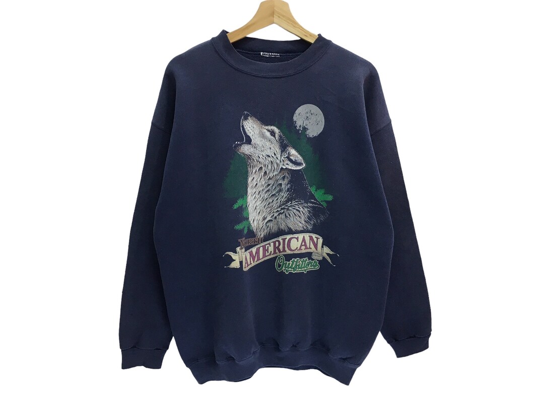 Rare!! Vintage 90s Habitat Wolf North American Spellout Pullover Jumper ...