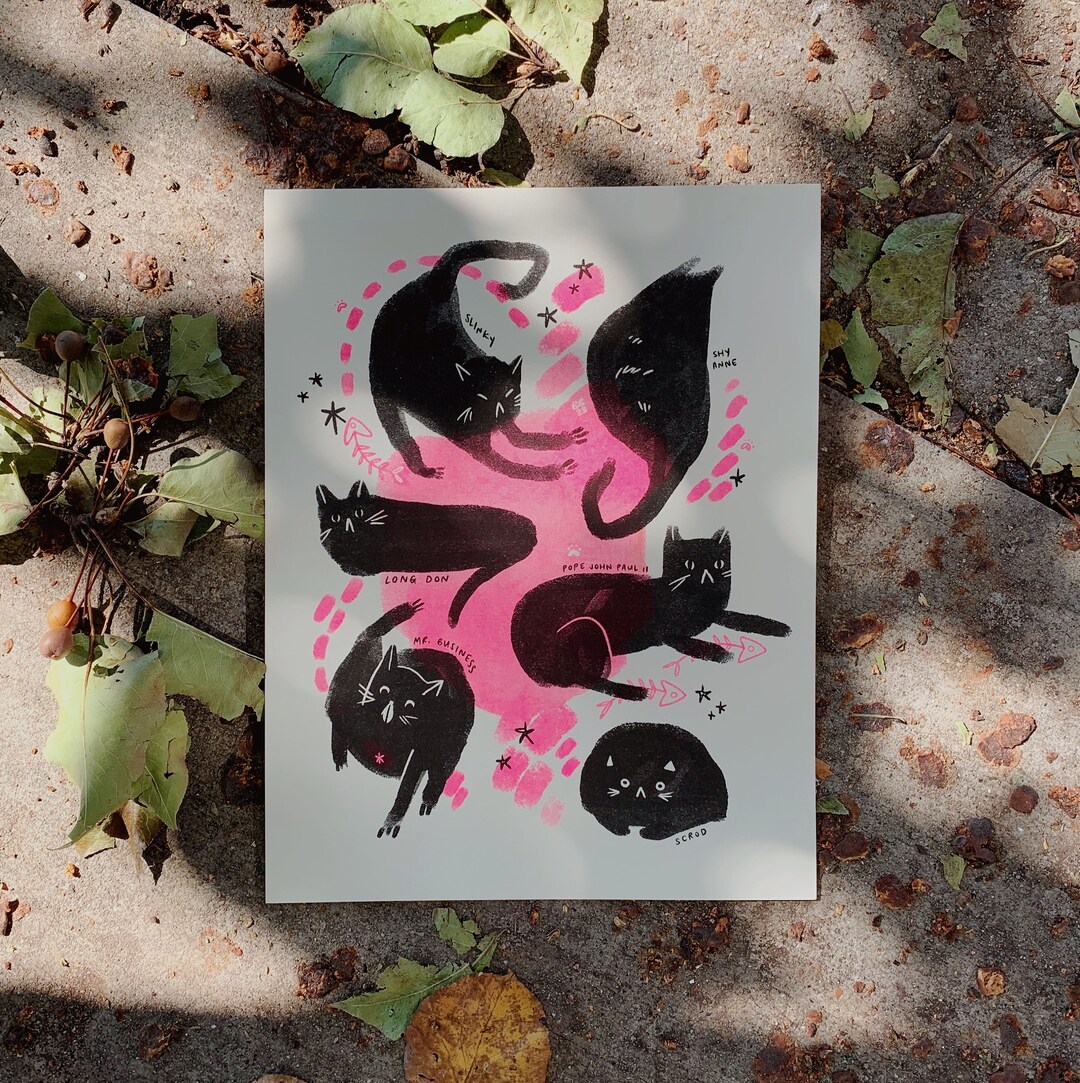Black Cats Glow-in-the-dark Riso Print - Etsy