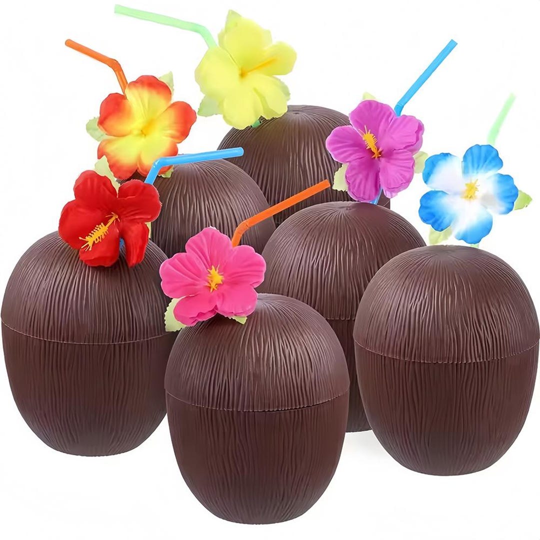 6 Pieces X Tropical Coconut Cups 500ml/12.5cm With Flower Straws for ...