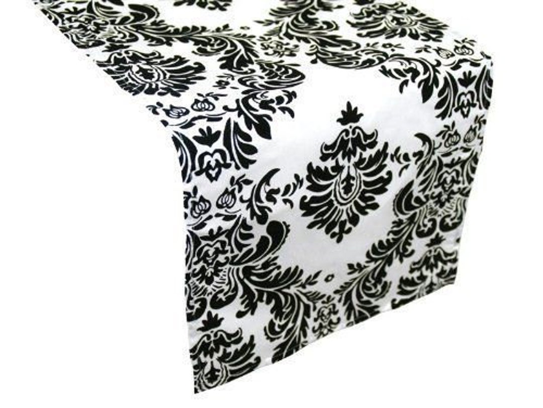 Damask Table Runner 12" X 108" 3D Black White Flocking Flocked Velvet ...
