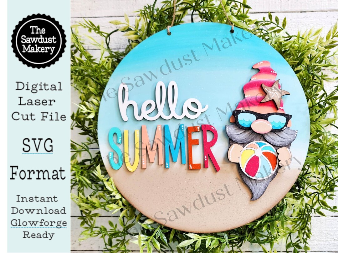 Hello Summer Gnome Door Hanger SVG File | Laser Cut File | Summer Gnome ...
