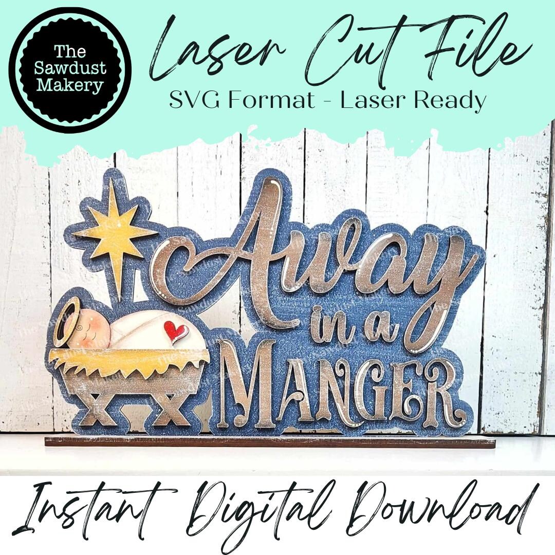 Nativity Away in a Manger Word Art Shelf Sitter Standing Sign File SVG ...