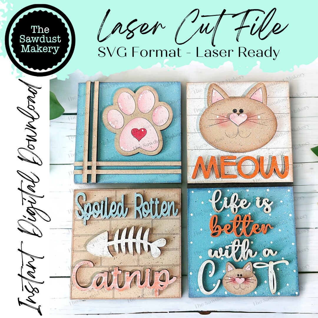 Cat Laser Cut Files | Cat Interchangeable Leaning Sign Bundle File SVG ...