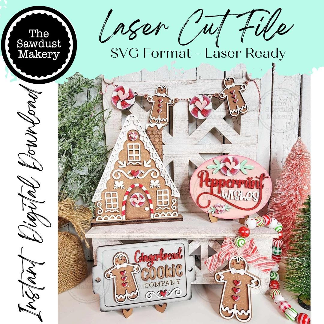 Gingerbread Christmas Decor Set Tiered Tray Display SVG File | Laser ...