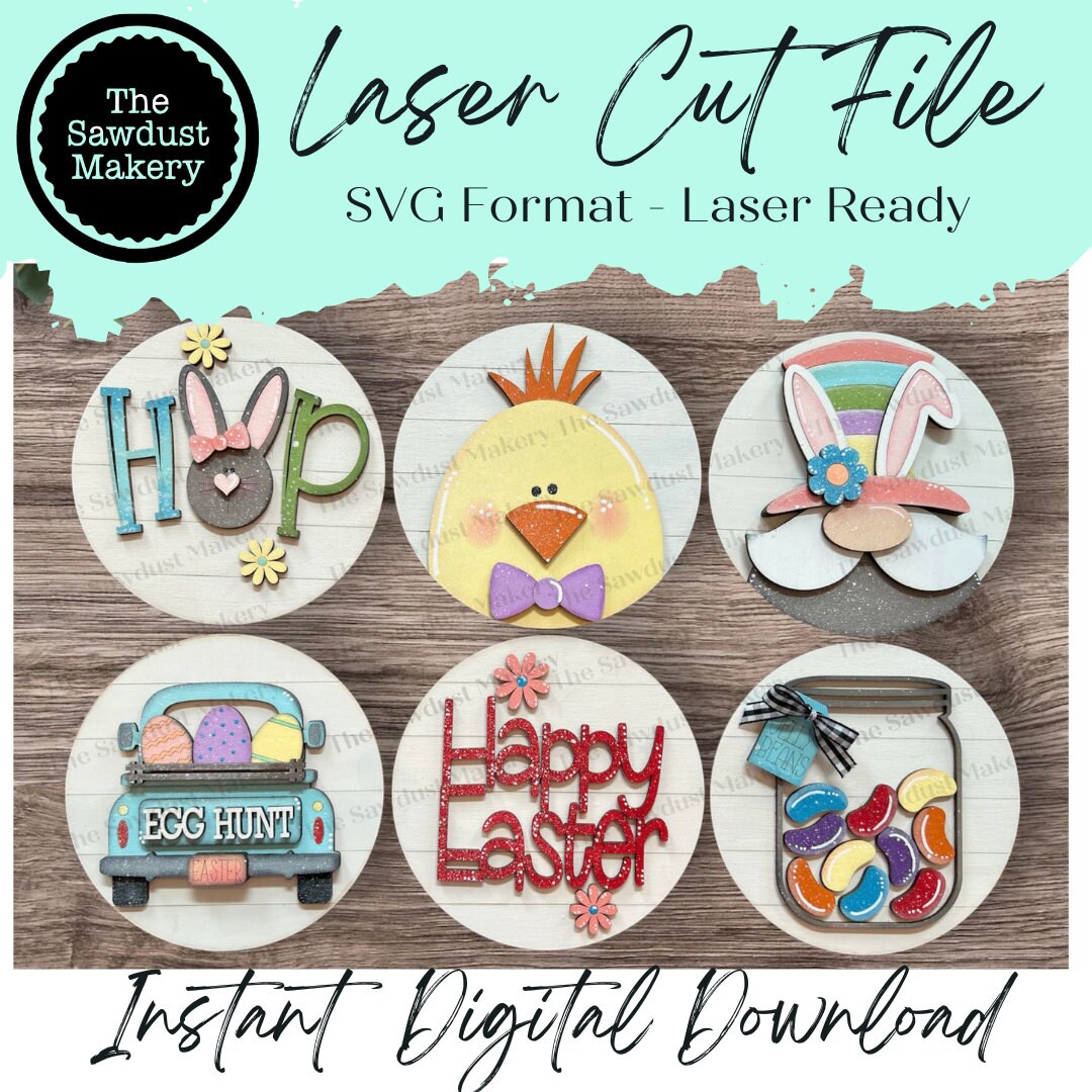 6 Round Easter Interchangeable Sign Set SVG File Laser Cut File Interchangeable Farmhouse Frame ...