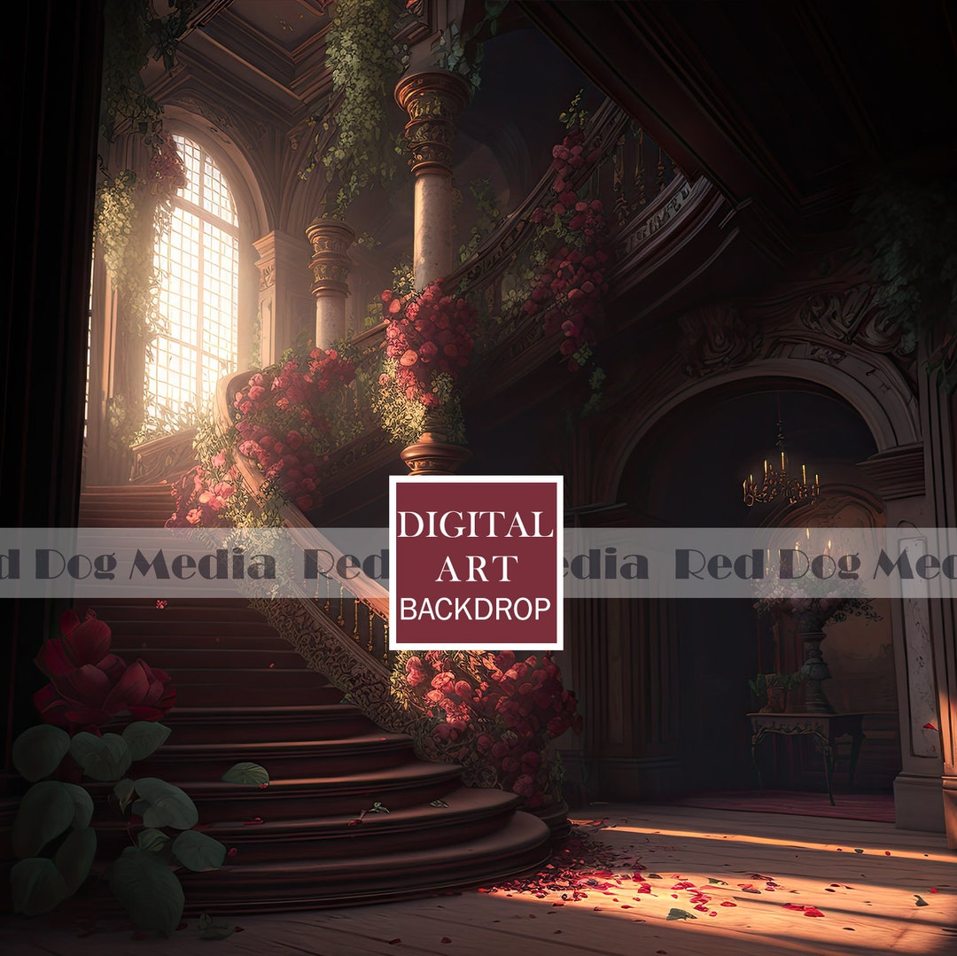 Grand Rose Staircase 01 Fine Art Backdrop, Floral Stair Fine Art Digital Backdrop, Fine Art ...