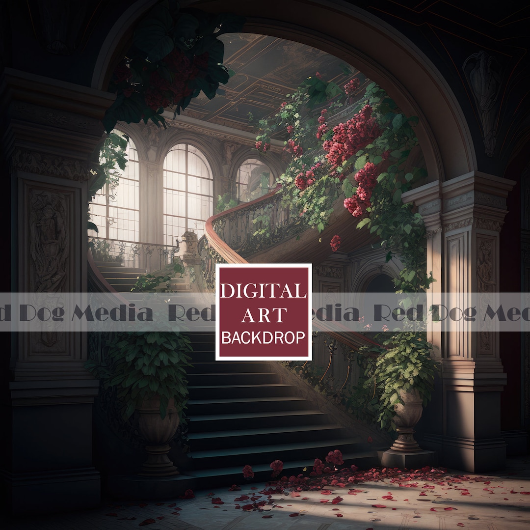 Grand Rose Staircase 02 Fine Art Backdrop, Floral Stair Fine Art Digital Backdrop, Fine Art ...