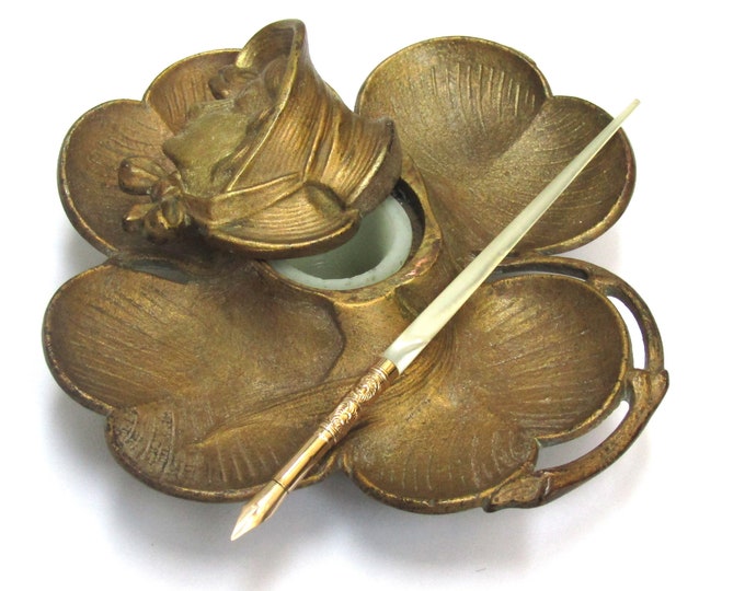 ANTIQUE Inkwell & PEN SET Antique Clover Lady Metal Inkwell and Mother ...