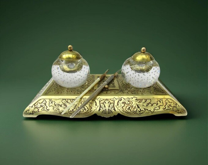 ANTIQUE INKWELL & Dip PEN Victorian Glass Controlled Bubble Inkwells ...