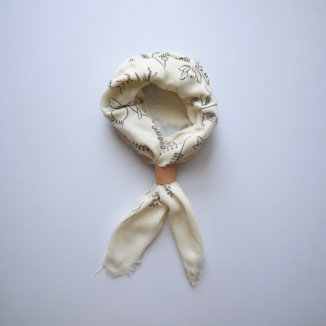 Cream/ White Botanical Patterned Raw Silk Bandana/scarf- Black Ink - Etsy