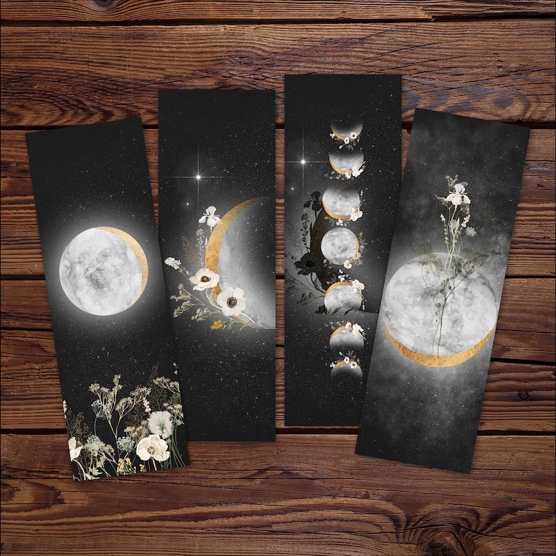 Moon Flower Printable Bookmarks Set, Night Sky Bookmarks Moon Phases ...