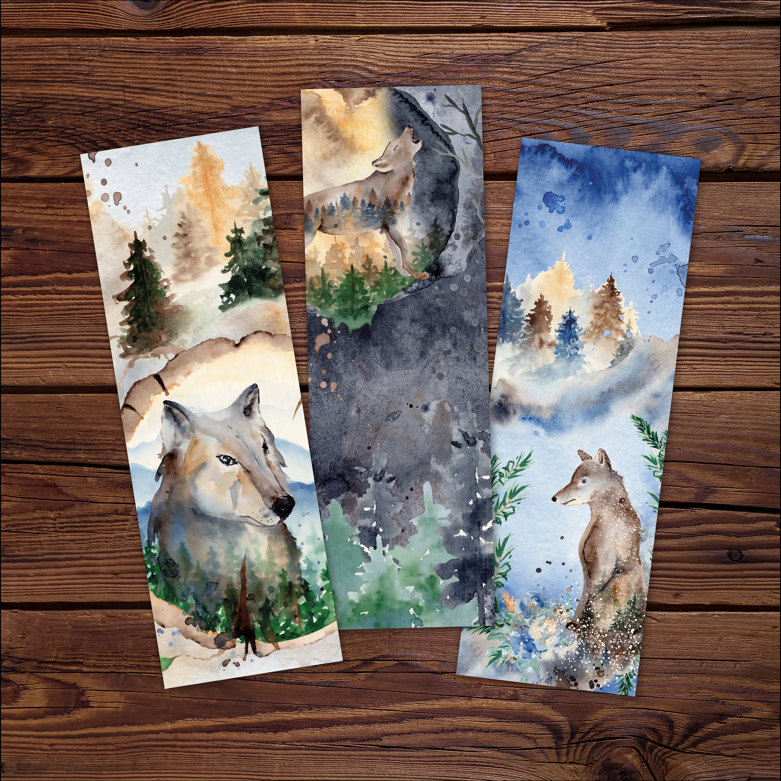 Wolf Bookmarks Printable, Woodland Landscape Watercolor Bookmark Set ...