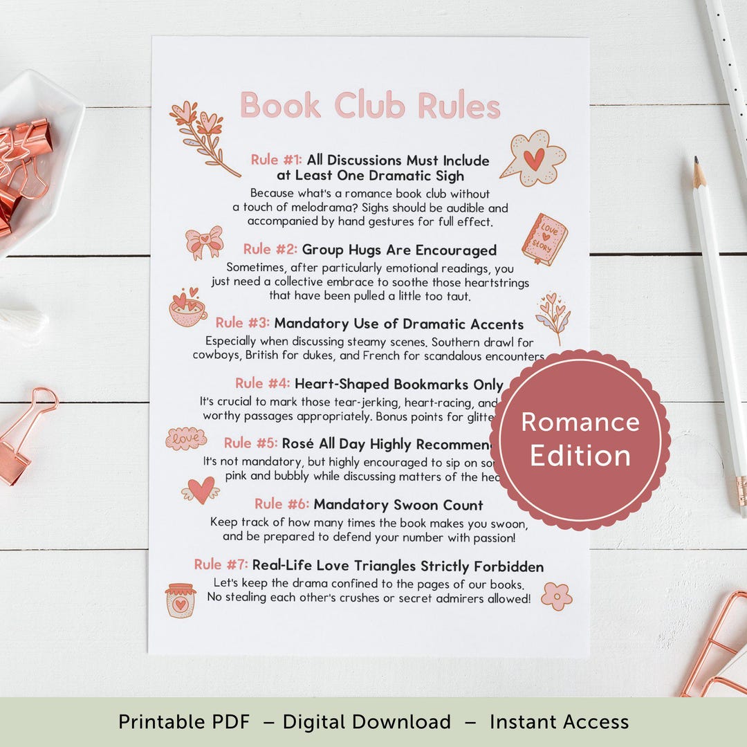Romance Book Club Rules Printable, Funny Book Club Gift, PDF – DOWNLOAD ...
