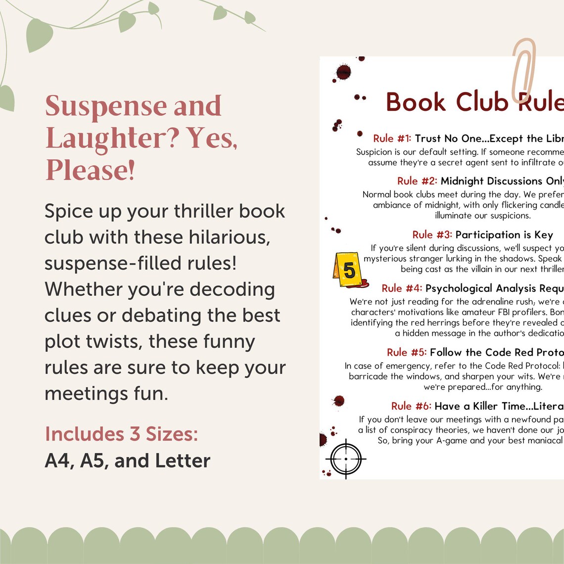 Thriller Book Club Rules Printable, Funny Book Club Gift, PDF ...