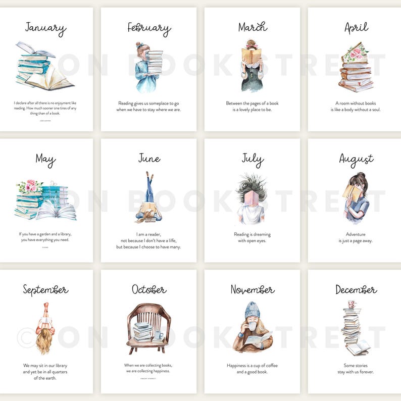 Printable Undated Calendar for Book Lovers, Book Quotes Wall Calendar ...