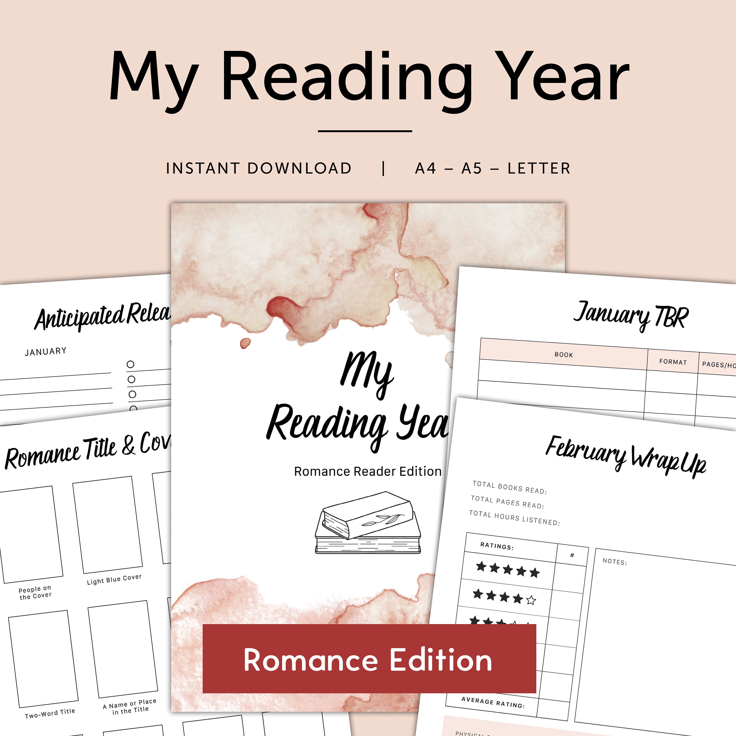 Reading Journal Printable Planner, Romance Reader Edition, Book Tracker ...