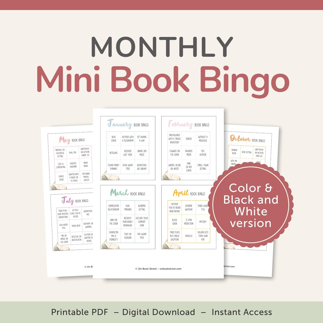 Monthly Mini Book Bingo Printable, TBR Game, Reading Prompts for Each ...