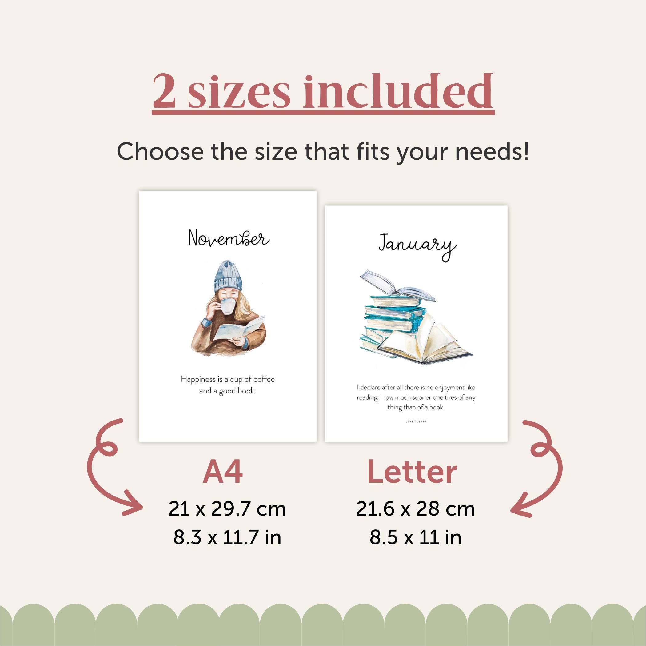 Printable Undated Calendar for Book Lovers, Book Quotes Wall Calendar ...