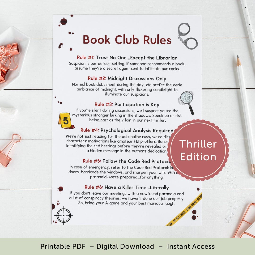 Thriller Book Club Rules Printable, Funny Book Club Gift, PDF ...